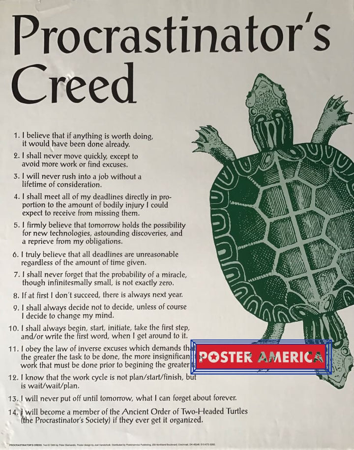 Procrastinator’s Creed Novelty 1993 Vintage Poster 22 x 27.5 ...